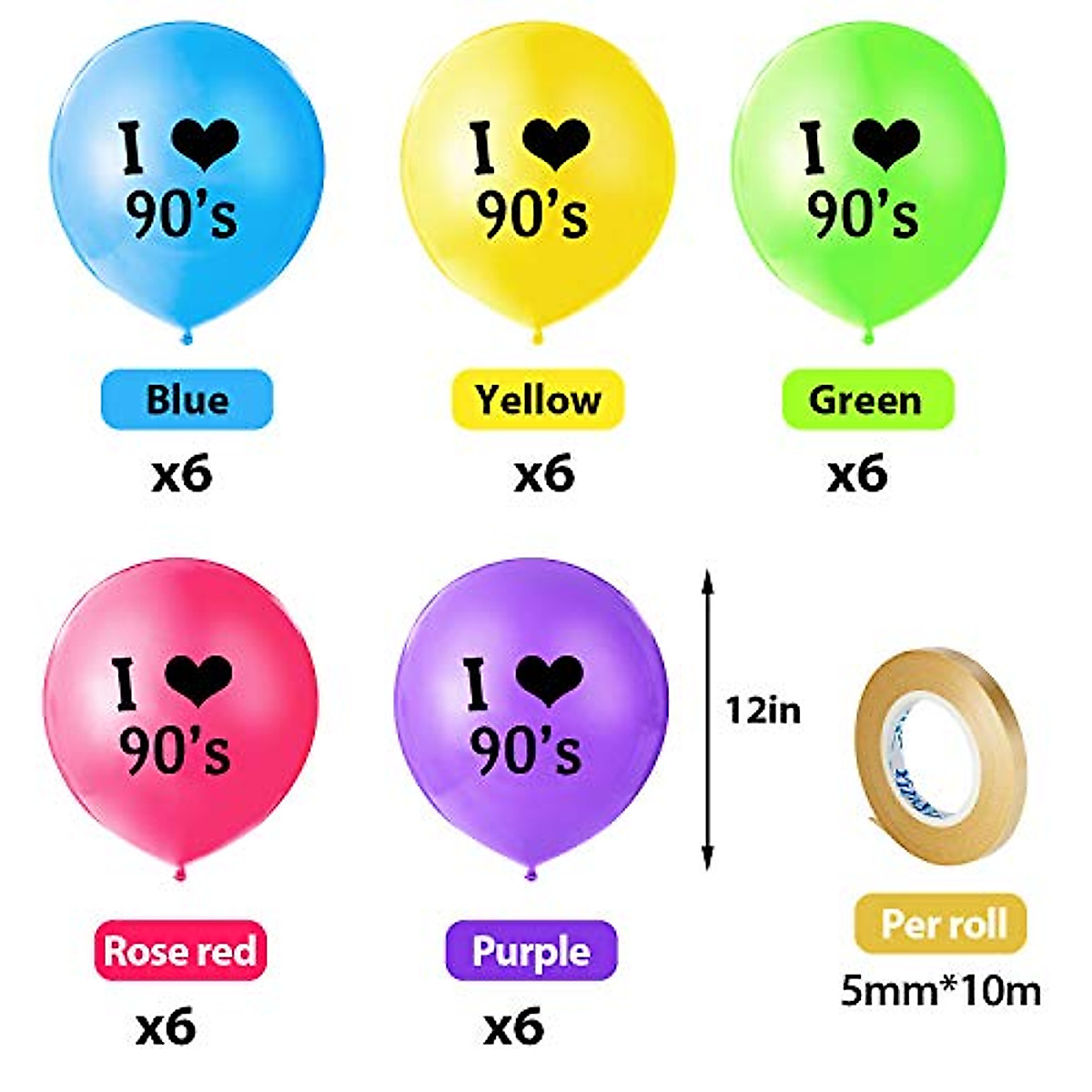 30 Pcs I Love 90s Balloons & Gold Ribbons | Throwback Party Decor