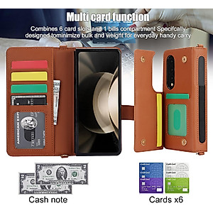 Compatible with Samsung Galaxy Z Fold 5 5G Wallet Case, Luxury Fashion PU Leather Case with S Pen Holder Card Holder Pocket Crossbody Lanyard Wrist Strap Kickstand, Phone Case for Women Girls Brown