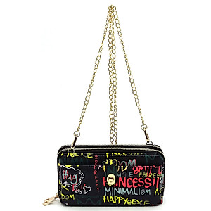 Multicolor Graffiti Printed Cell Phone Purse Wallet Smartphone Crossbody Wallet Travel Multifunction Phone Case Wristlet Clutch Wallet (#A-Black)