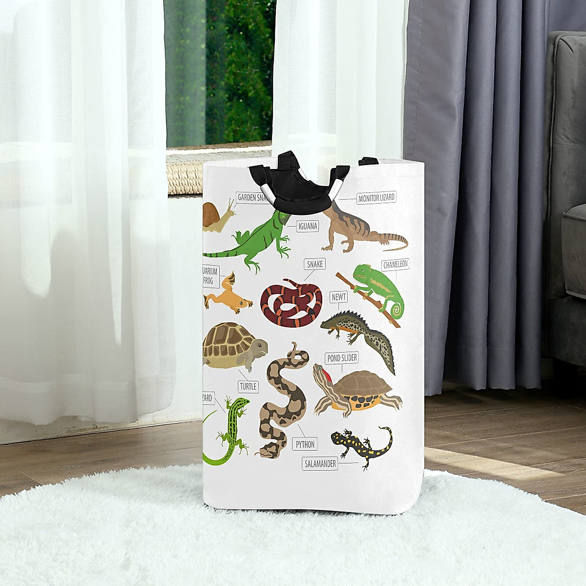 Green and Brown Pet Reptiles Frog Iguana Lizard Snake Newt Turtle Laundry Hamper Basket Bucket, Foldable Dirty Clothes Bag, Waterproof Fabric Washing Bin, Toy Storage with Handles for Bathroom