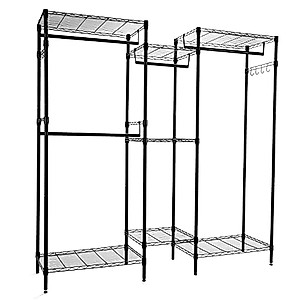 Homdox Free Standing Closet, Wire Shelving Clothing Rack Heavy Duty, with Side Hooks and Clothes Rods (Black)