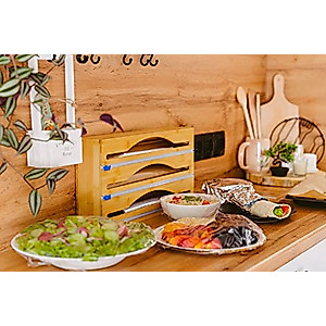 Foil Organizer for Drawer 15"- Long Bamboo Foil and Plastic Wrap Organizer, 3.8" tall 3 in 1 Wrap Dispenser with Cutter for Plastic Wrap, Tin Foil, Wax Paper up to 250 FT, Parchment Paper Up to 200 FT