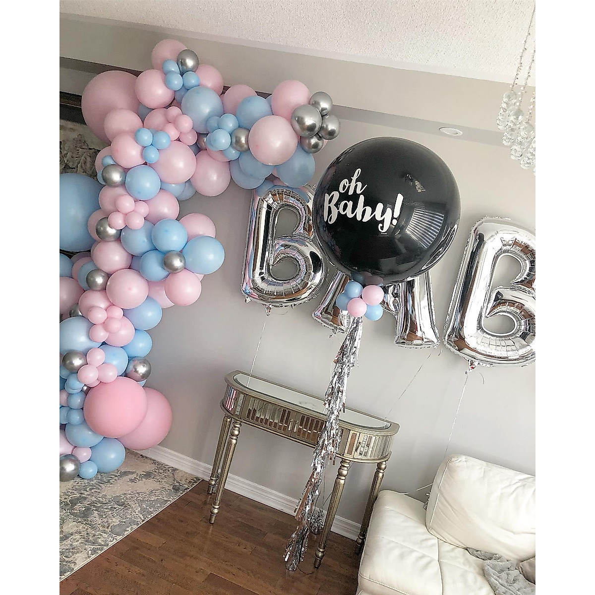 HKYOOD 140Pcs Gender Reveal Balloon Garland Arch Kit - Pink and Blue Balloons Silver Latex Balloon for Boy or Girl Gender Reveal Decorations Birthday Party Baby Shower Celebration Anniversary (No Box)