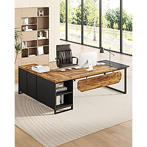 LITTLE TREE 70.8 Inches Executive Desk and 55 Inches File Cabinet Combo, Large L Shaped Computer Desk with Storage Cabinet and Shelves, Modern Business Furniture for Home Office, Rustic Brown & Black