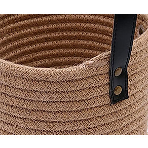 Wall Hanging Storage Baskets Jute Set of 2 Small Woven Rope Closet Organizer 6.7"x7.9" Décor with Black Leather Handle Nursery Storage Bins for Flower Plants/Garage/Shelf/Outdoor/Bathroom