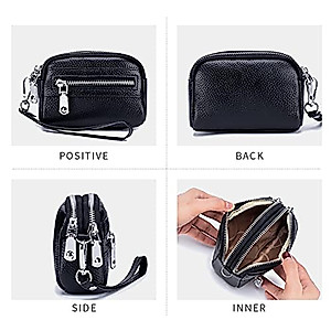 Genuine Leather Mini Genuine Leather Coin Pouch Wallet Wristlet Handbag hand strap clutch (Black)