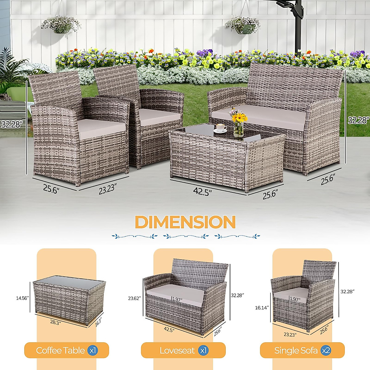 FHFO 4 Piece Outdoor Patio Furniture Sets, Wicker Sectional Conversation Sofa Set, Rattan Table and Chairs and Loveseat with Cushions for Outside Balcony Porch Backyard (Gray-Gray)