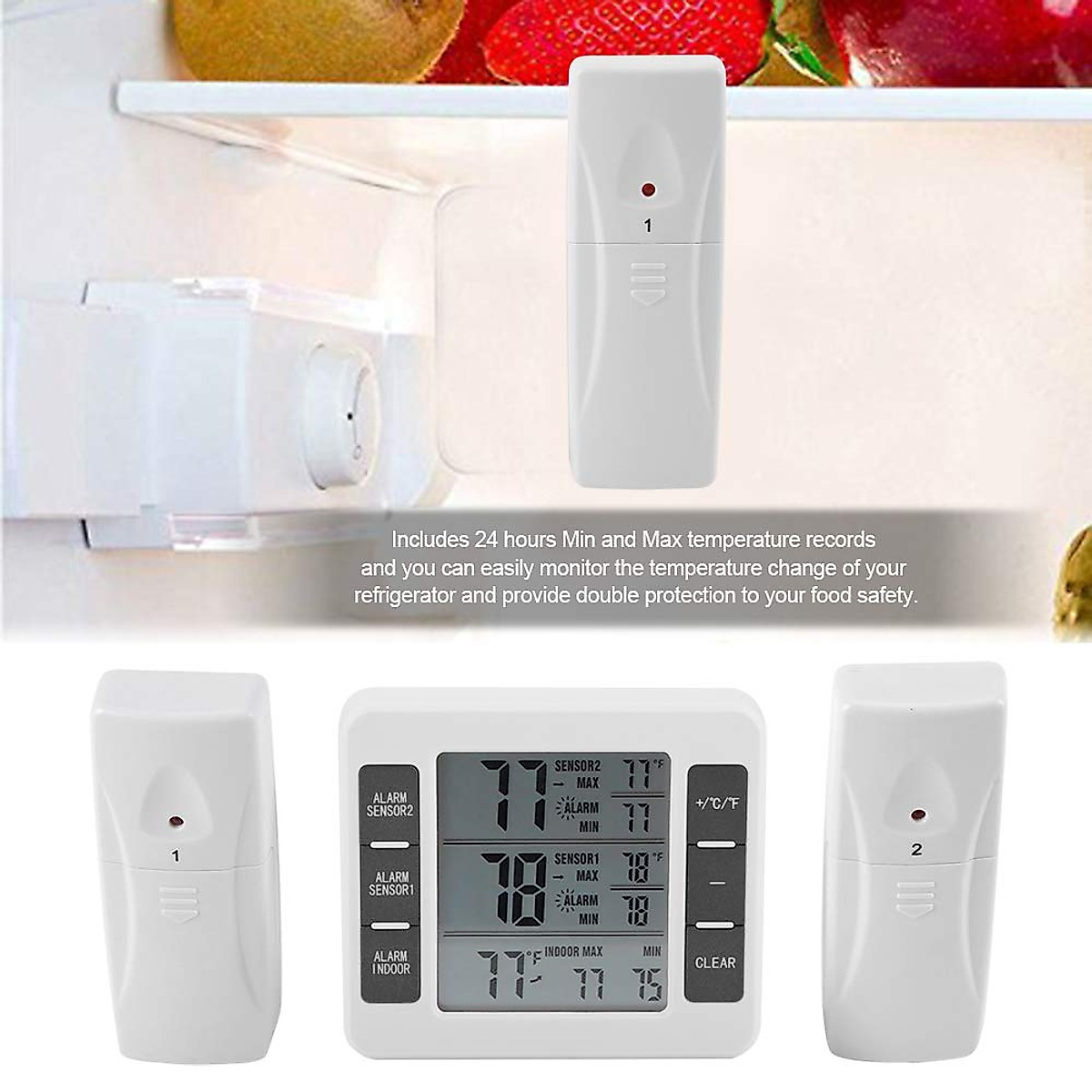 Wireless Therometer-Refrigerator Thermometer Wireless Digital Freezer Thermometer with 2PCS Wireless Sensors with Audible Alarm for Indoor Outdoor Thermometer (Battery not Included)