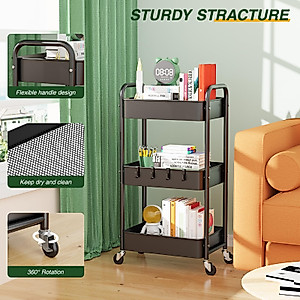 LEHOM 3 Tier Rolling Utility Cart, Metal Trolley Cart with Wheels, Hooks, Easy Assembly Organizer Storage Cart for Bathroom, Kitchen, Office, Bedroom(Black)