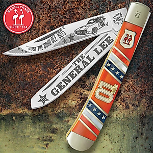KISSING CRANE General Lee Trapper Pocket Knife | Dukes of Hazard Collectible | 440 Stainless Steel Blades | Laser Etched | Closed Length 4"