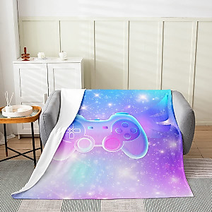 Erosebridal Games Blanket Throw 50X60 Inch, Gamer Throw Blanket for Girls Child Kids, Blue Purple Ombre Gradient Gamepad Flannel Blanket, Video Game Bed Blanket Modern Control Buttons Bedroom Decor