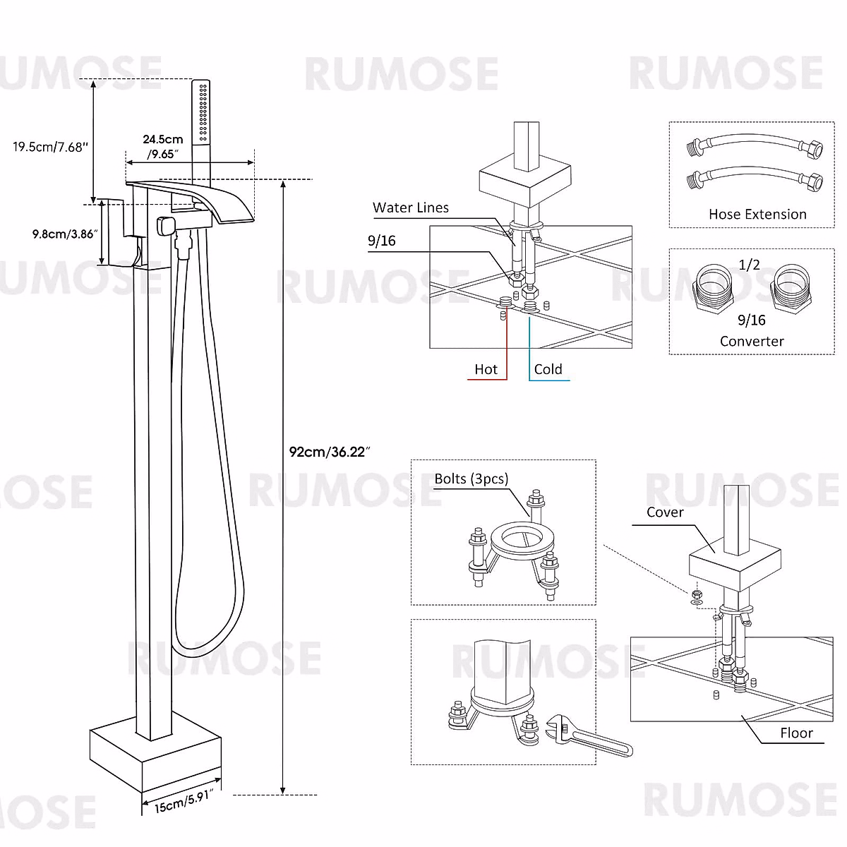 RUMOSE Tub Filler Freestanding Bathtub Faucet Oil Rubbed Bronze Floor Mount Tub Faucet Waterfall Bathtub Filler with CUPC Certified High Flow Brass Bath Shower Faucets with Handheld Sprayer