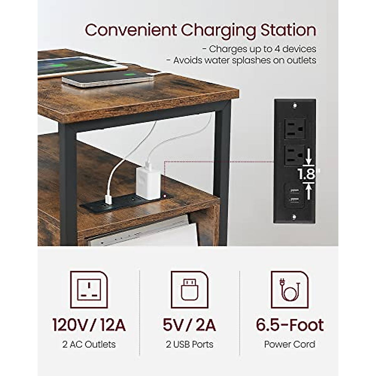 VASAGLE Side Table with Charging Station, Narrow End Table with 2 Drawers, Slim Nightstand and Bedside Table with Storage, for Small Spaces, Rustic Brown and Black ULET321B01