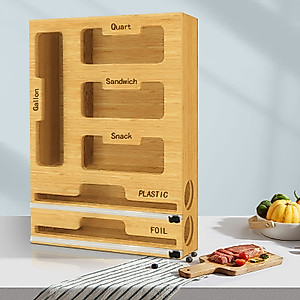 Ziplock Bag Organizer & Foil and Plastic Wrap Organizer with Cutter, 6 IN 1 Plastic Wrap Dispenser & Plastic Bag Organizer, Kitchen Bag Storage for Gallon, Quart, Sandwich, Snack, Bamboo