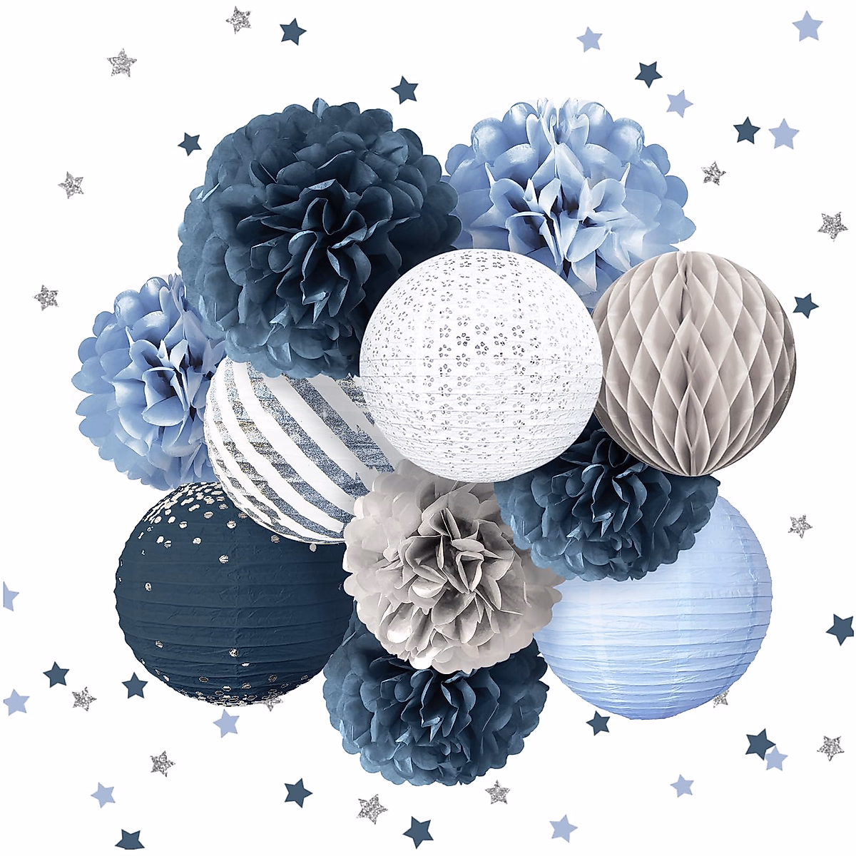 NICROLANDEE Wedding Party Decorations - 12PCS Dusty Blue Tissue Pom Poms Paper Lantern 50G Glitter Confetti Party Supplies for Romantic Wedding, Bridal Shower, Baby Shower, Birthday, Special Events