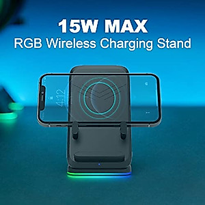RGB Wireless Phone Charger, 15W Fast Charging Stand Qi Charger Pad for iPhone 14/13/SE/12/11/X/XR/8/Pro Max/Plus/Mini, Samsung Galaxy S22/S21+/S20/S10/Z Flip/Z Fold/Ultra/Note/FE/PC Gaming Setup