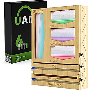 6 In 1 Ziplock Bag Storage Organizer, Foil and Plastic Wrap Organizer, Uamector Bamboo Aluminum Foil Dispenser with Cutter for Kitchen Drawer, Applies to Gallon Quart Sandwich Snack Bags, Cling Film Aluminum Foil, etc