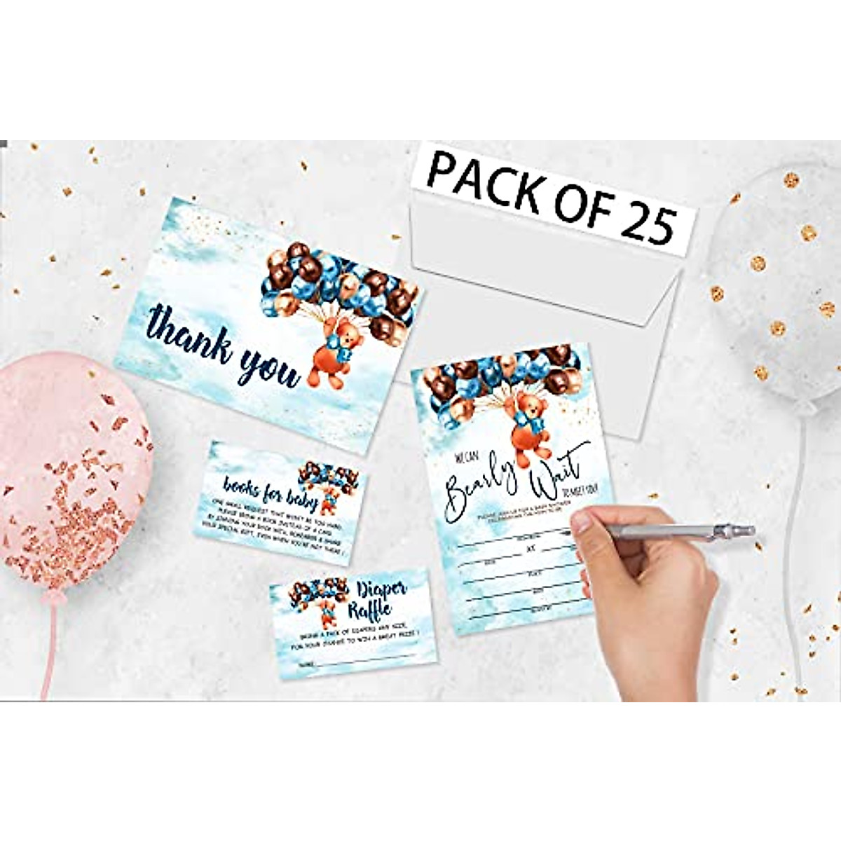 Baby Shower Invitation Set, Fill In Invites Cards, Books For Baby, Diaper Raffle, Thank You,Beasty Wait, Each Design 25 Cards & Envelopes (Total 100 Cards) – (bb009-taozhuang)