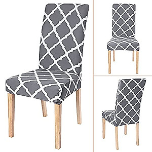 SearchI Dining Room Chair Covers Set of 6, Stretch Spandex Kitchen Chair Slipcovers Removable Washable Geometric Parsons Chair Covers Protector for Dining Room, Hotel, Ceremony (Gray+White)