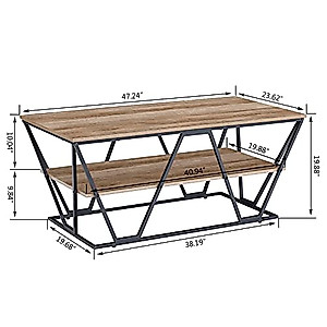 TTHAETUR Industrial Coffee Table for Living Room, 47inch Wooden Center Table with Large Storage Shelf, 2-Tier Mid Century Modern Coffee Table, Rustic Oak