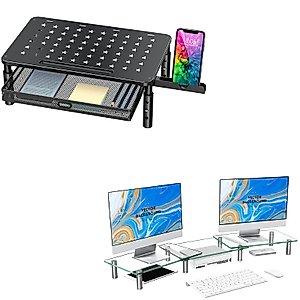 Zimilar Monitor Stand Riser with Metal Mesh Drawer, Height Adjustable Monitor Riser with Phone Holder for Computer Dual Glass Monitor Stand Riser, 3-Shelf Tempered Glass Monitor Stand