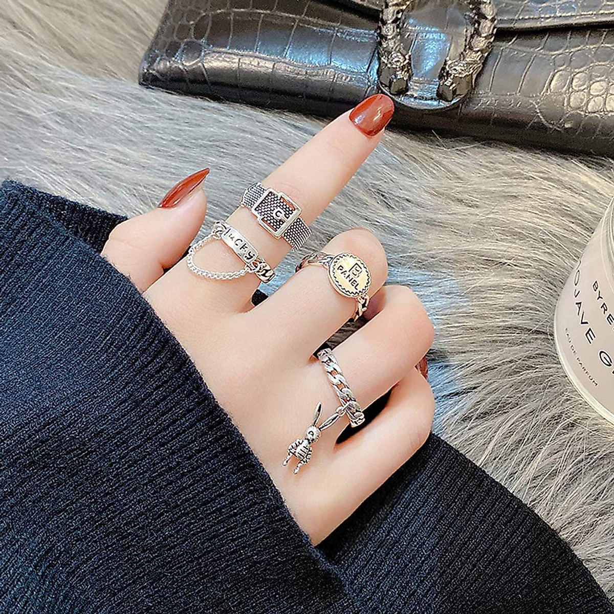 Adjustable Belt Buckle Rabbit Engraved Lucky B Chain Rings Set Silver For Women Goth Viking Kpop Punk Vintage Open Stackable Ring Set For Daughter Mom Jewelry