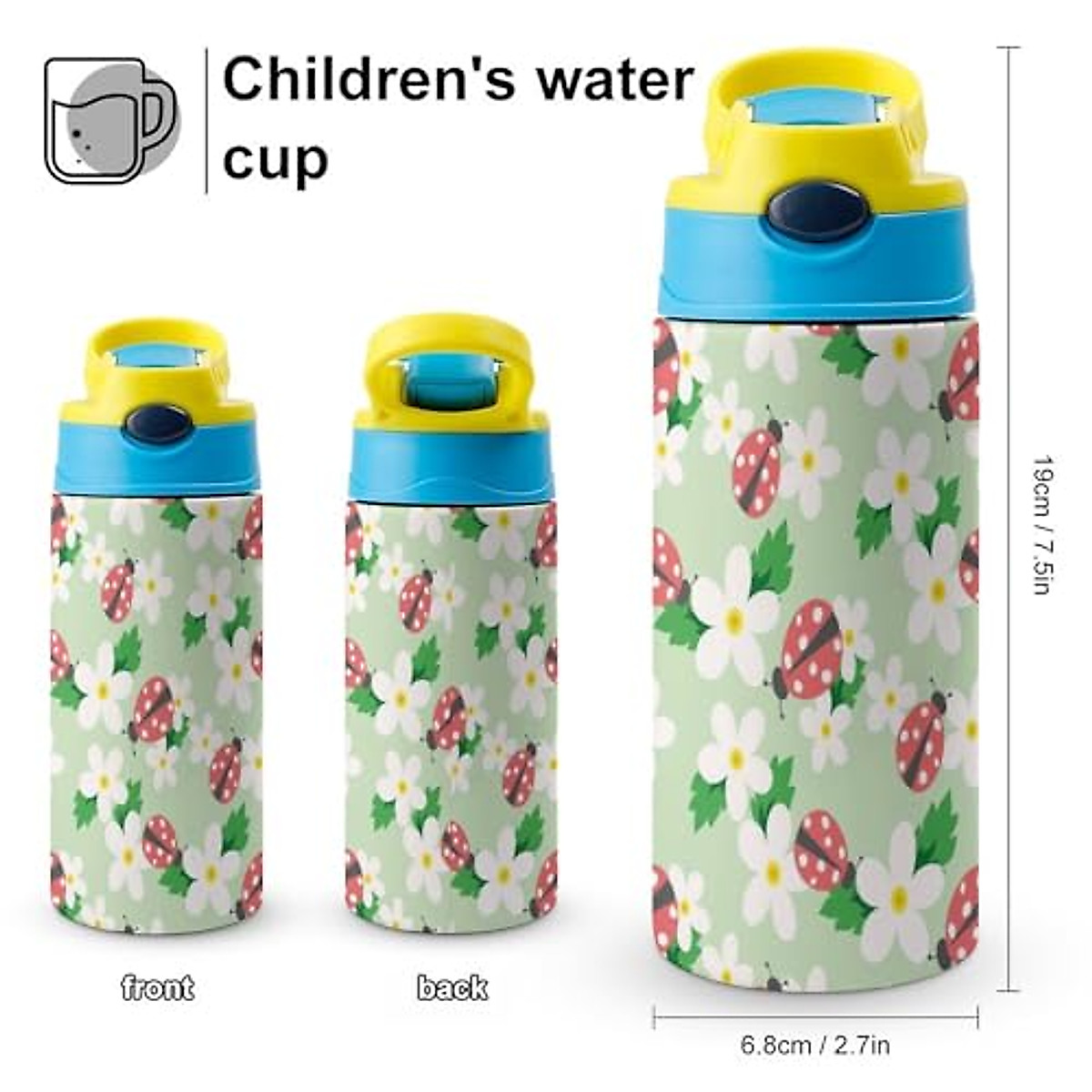 Kids Water Bottle with Straw Lid Small Flower with Ladybug Print 12 Oz/350 Ml Stainless Steel Reusable Thermos Bottles