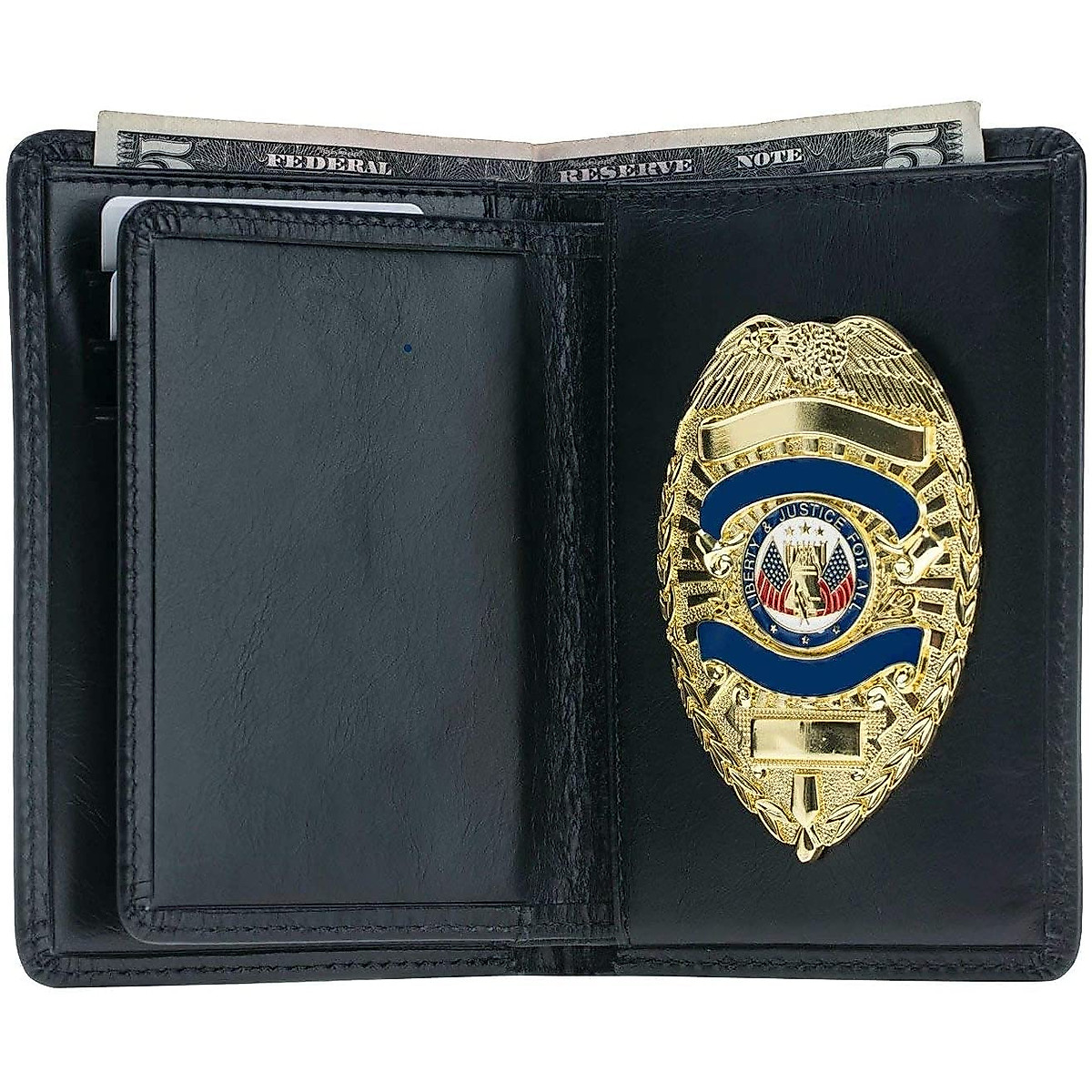 Police Badge Wallet, All Leather, Fits Any Shape Badge with a Pin Back- Black