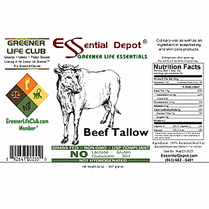 Beef Tallow - 1 Quart (32 oz nt wt) - Grass Feed - Non-GMO - Keto Friendly - Food Grade - FREE from LACTOSE-GLUTEN-GLUTAMATE-BSE - safety sealed HDPE container with resealable cap