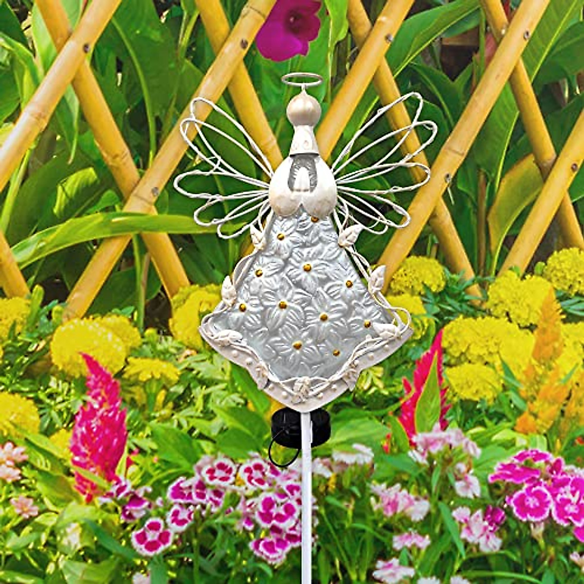COOZZYHOUR 38Inch Angel Solar Garden Lights Outdoor Decorative -Metal&Glass Angel White Hydrangea Flower Stake Lights- Waterproof 30 Warm White LED for Remembrance Gifts & Sympathy Gifts