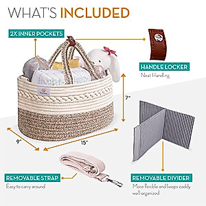 BIBSYBABY Diaper Caddy Baby Basket - 100% Cotton Rope Diaper Basket with 2 Pockets, Handle Locker and Removable Shoulder Strap - Baby Shower Bag & Baby Registry Must Haves, Brown