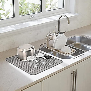 Elyum Dish Drying Mat, Silicone Drying Mat Heat Resistant Dish Mat Easy Clean Drying Mats for Kitchen Counter Non-Slip Kitchen Drying Mat (18" x 16'' , Gray)