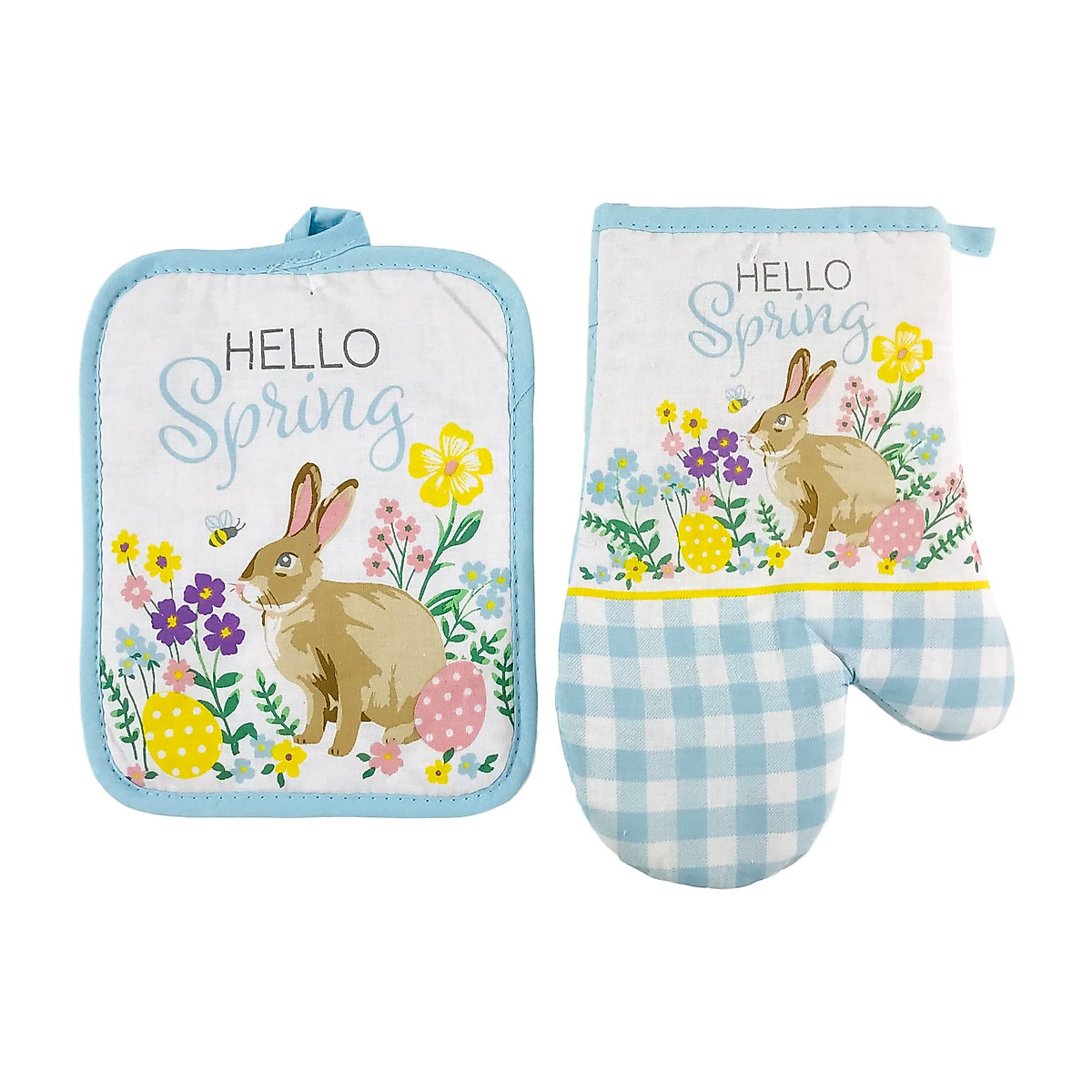 Easter Spring Kitchen Dish Towels Pot Holder Oven Mitt Set, 5c: Blue Gingham Country Bunny in Spring Flowers (Country Blue)