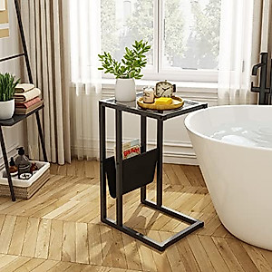 Gewudraw Side Table End Table, C Shaped End Table, Narrow Side Table Sofa Couch Table Black Metal Glass End Table with Storage Bag for Bedroom, Living Room, Office and Small Spaces