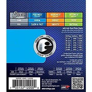 Elixir Strings, Electric Guitar Strings, Nickel Plated Steel with POLYWEB Coating, Longest-Lasting Warm Tone with Comfortable Feel, 6 String Set, Super Light 9-42