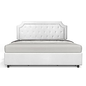 BONSOIR Queen Size Storage Bed Frame Upholstered Low Profile Traditional Platform with Tufted and Nail Headboard/4 Pull Out Drawers/White Faux Leather