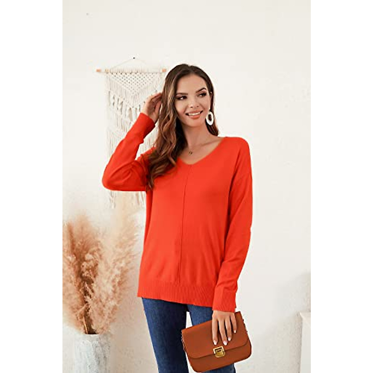 MicroStar Women's Spring Casual Lightweight V Neck Batwing Long Sleeve Knit Top Loose Pullover Sweater Orange