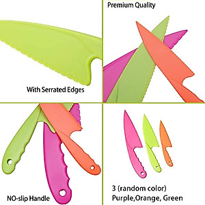 quirzx Kids Knife Set, 3PCS Kid Safe Knives with Cut Resistant Gloves (Ages 6-12), Serrated Edges, BPA-Free, Plastic Kitchen Kids Knives for Real Cooking & Cutting Fruit, Vegetable, Bread, Cake