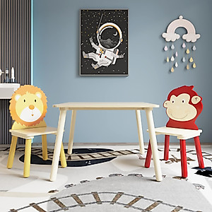 3 Piece Wood Table & Chair Set for Age 2-6 Boy Girl, Wood Activity Table Drawing Play Table Set w/ 2 Animals Chairs for Home, Nursery, Kindergarten, Age 2-6 Boy Girl Activity Table Chair 3 Pieces Set