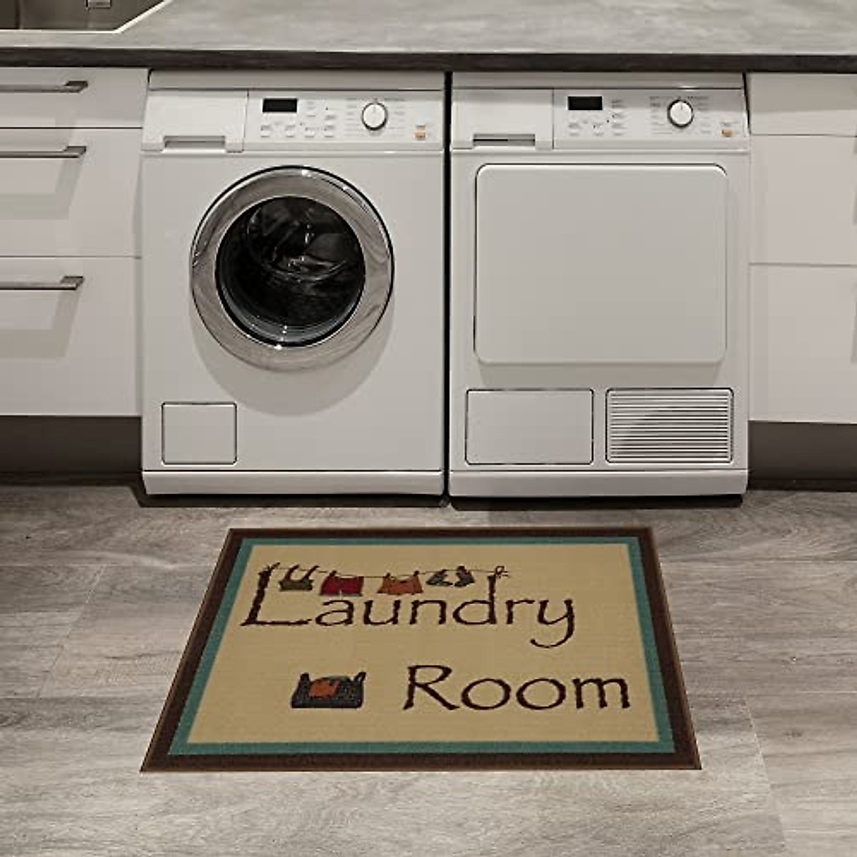 Machine Washable Bordered Laundry Room Rug Non-Slip Rubberback 2x3 Laundry Area Rug for Laundry Room, Bathroom, Washroom, 26" x 35", Beige