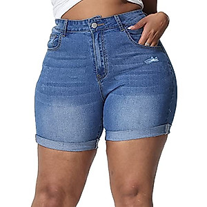 ALLEGRACE Women's Plus Size Denim Shorts High Waist Folded Hem Pockets Jeans Shorts Light Blue 16W