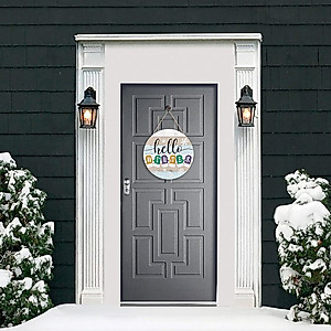 CHDITB Hello Welcome Winter Door Sign Decoration(12"x12"), Round Colourful New Year Wall Hanging Decor with Snowflake Gloves Mitten, Rustic Christmas Holiday Door Hanger for Front Porch Farmhouse