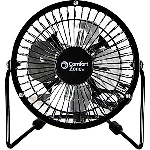 Comfort Zone Mini Portable Desk Fan with 360-Degree Adjustable Tilt, Dual Powered (USB or Power Cord), 4 inch, All-Metal Construction, Airflow 3.31 ft/sec, Ideal for Home, Bedroom & Office, CZHV4BK