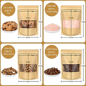 Stand Up Pouch Bags, 100 Pack Kraft Pouch with Tear Notch and Matte Window, Resealable Zip Lock Food Storage Bag (5.5IN X 7.9IN)