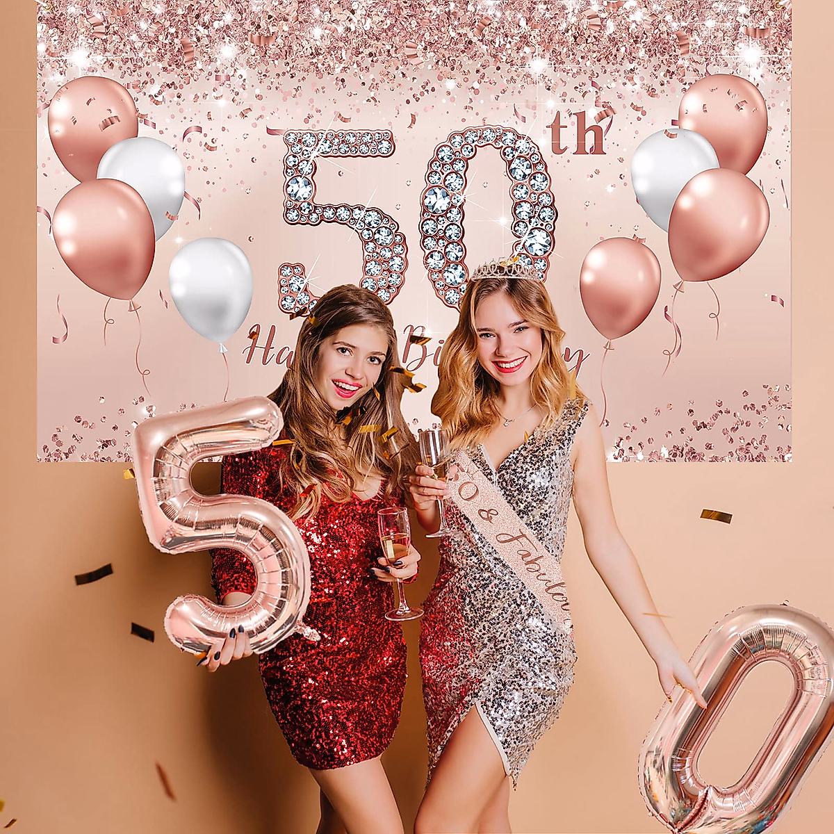 Trgowaul 50th Birthday Decorations Party Set for Women, Rose Gold 50 Birthday Banner and Tablecloth, 50th Fabulous Sash and Tiara, 1PC Happy 50th Birthday Cake Topper, Pink Gold 50 Number Balloons