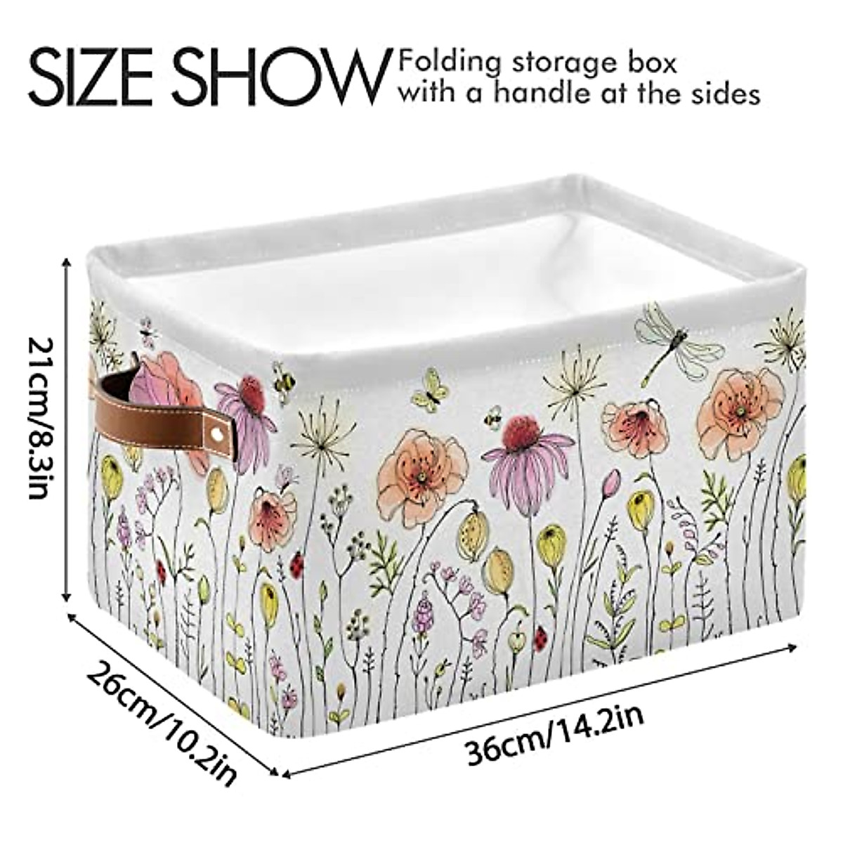 xigua Colorful Wildflowers Square Storage Basket,Collapsible Sturdy Fabric Storage Basket Cube W/Handles for Clothes Toy Closet(2 pcs)