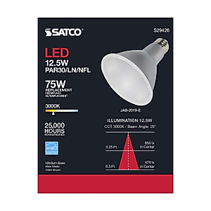 Satco S29426 12.5 Watt 120 Volt PAR30LN LED Reflector Light Bulb 3000K 1000 Lumen 25 deg. Beam Angle E26 Medium Base Dimmable California Compliant (6 LED Light Bulbs)