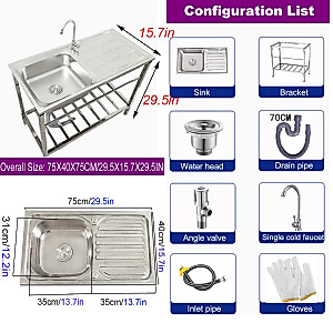 MELPIS Freestanding Kitchen Sink - 30" x 16" Stainless Steel Sink, Commercial Restaurant Bar Sink Set w/Faucet & Drainboard, Space Saving Laundry Tub, Utility Single Bowl Sink for Laundry