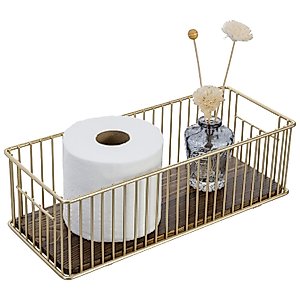 MyGift Modern Brass-Tone Metal Wire Toilet Paper Holder Basket with Rustic Burnt Solid Wood Base, Toilet Tank Topper Organizer Tray Bathroom Sink Counter Toiletries Storage