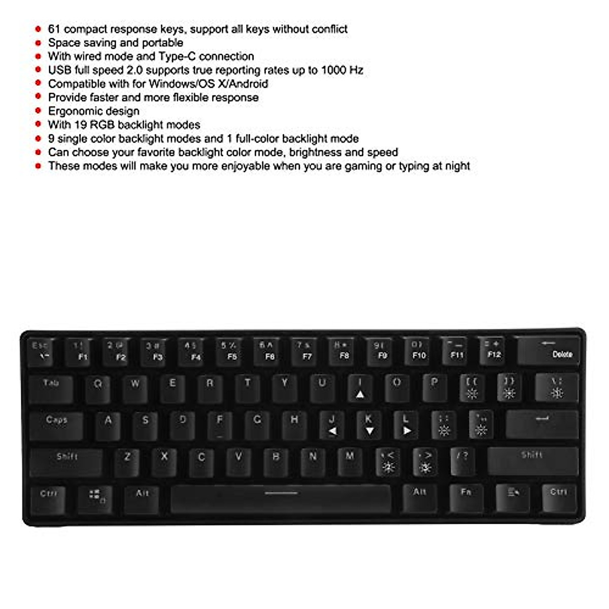 Mechanical Gaming Keyboard, 19 RGB Backlight Modes Gaming Keyboard 61 Keys for Computer Laptop for Pc Gamer